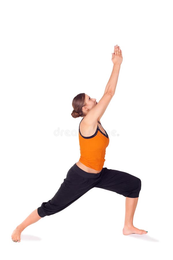 Woman Practicing Warrior Pose 1 Yoga Exercise Stock Photo - Image of ...