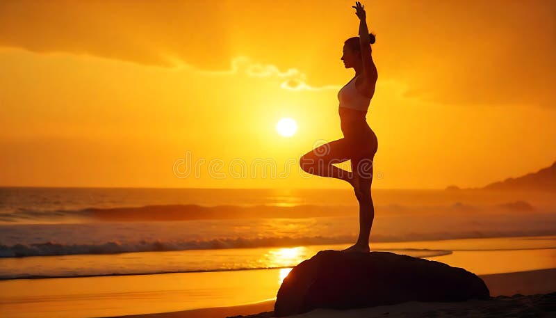 Woman Practicing Yoga on the Beach during Sunset Stock Illustration - Illustration of yellow ...