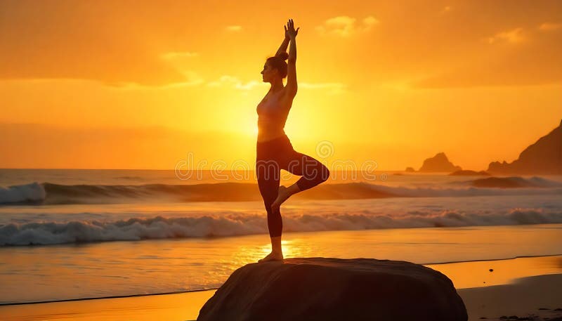 Woman Practicing Yoga on the Beach during Sunset Stock Illustration - Illustration of sport ...