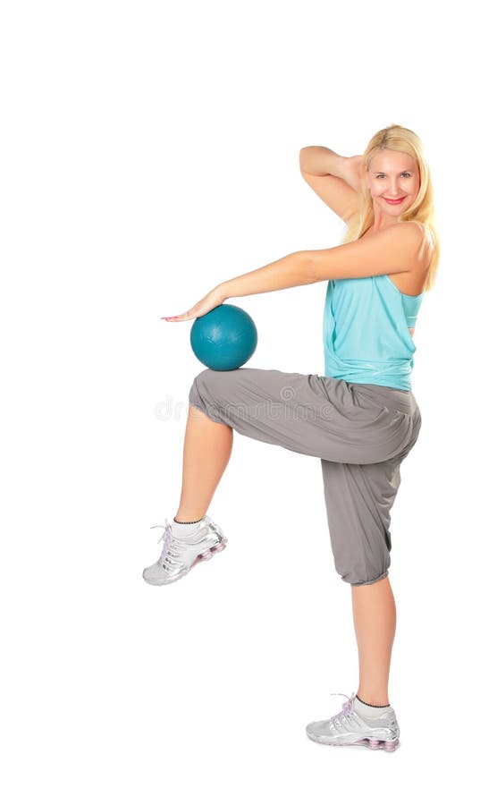 Woman Practises with Blue Ball Stock Photo - Image of activity, action ...