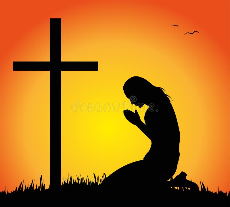 Woman Praying before the Crucifix Stock Vector - Illustration of prayer ...