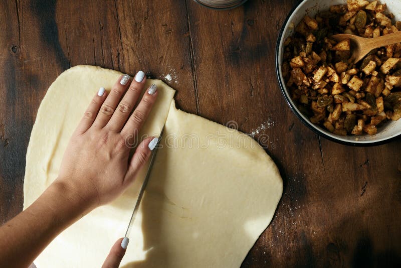 Woman Preparing Dough Apple Strudel Top View Stock Photo - Image of ...