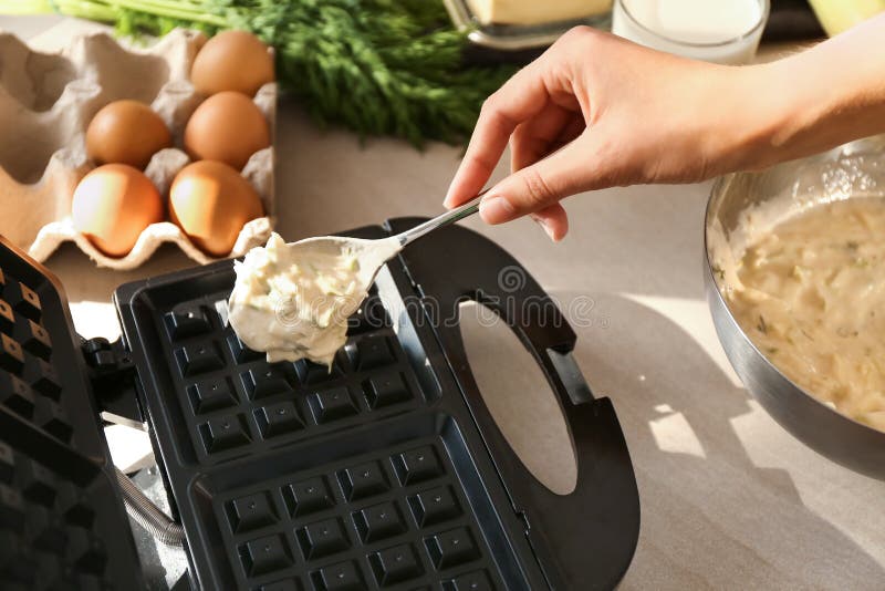 Woman Preparing Waffles in Modern Maker Stock Image - Image of female ...