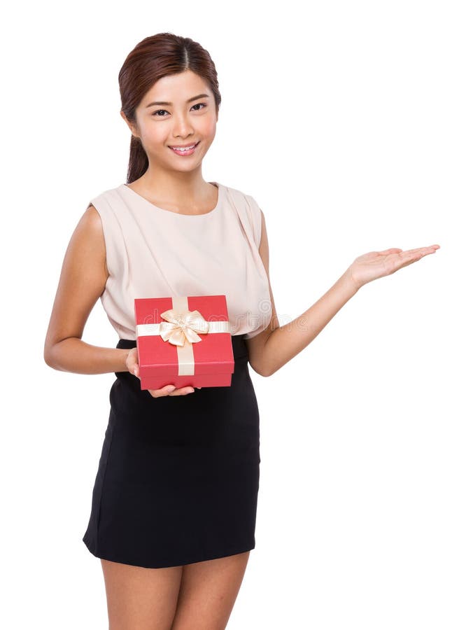 Woman with Present and Hand Show with Blank Sign Stock Image - Image of ...