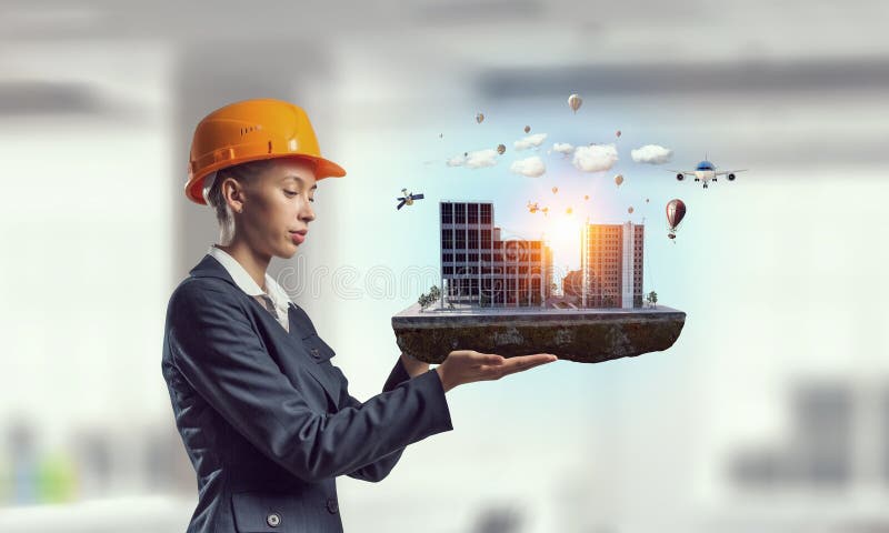 Woman Presenting Construction Model . Mixed Media Stock Image - Image ...