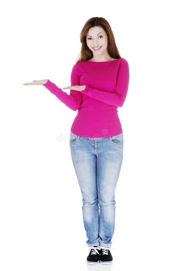 Woman Presenting Copy Space on Her Palm Stock Image - Image of look ...