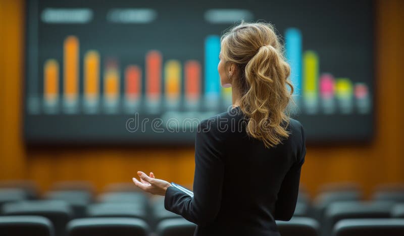 A Woman is Presenting Data on Graphs and Charts on a LED Screen ...
