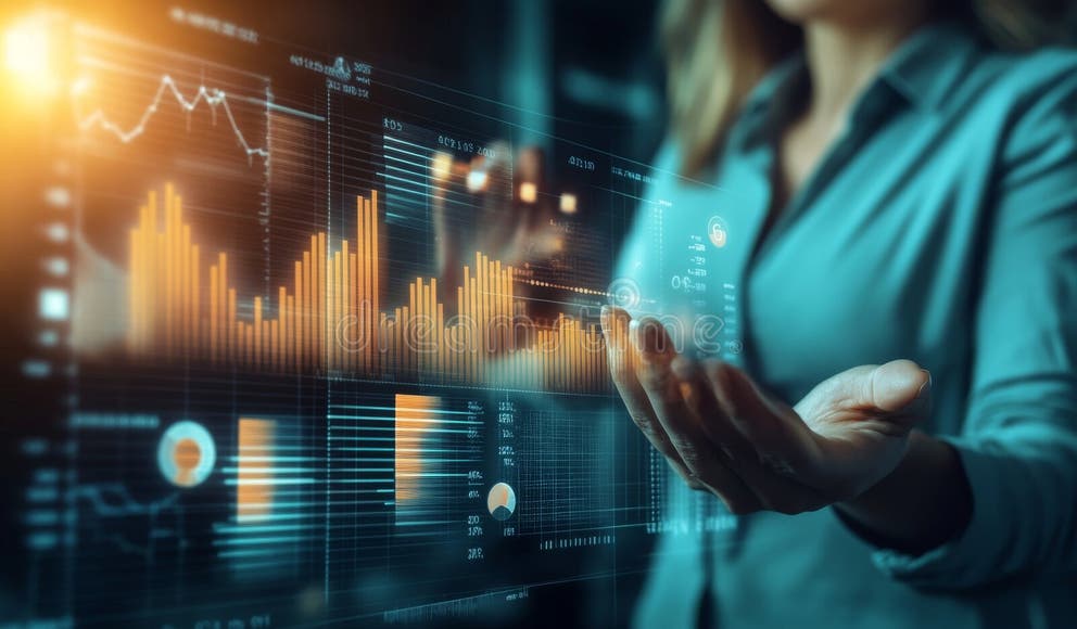 A Woman is Presenting Data on Graphs and Charts on a LED Screen ...