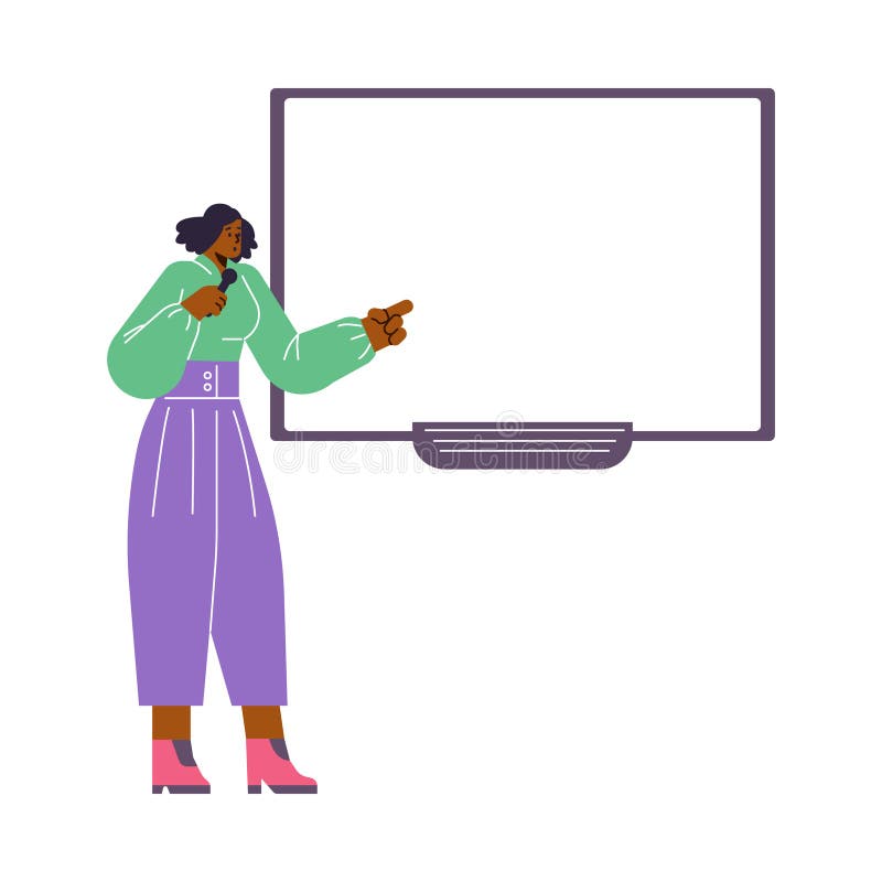 Woman Presenting and Explaining in Microphone and Pointing on White ...