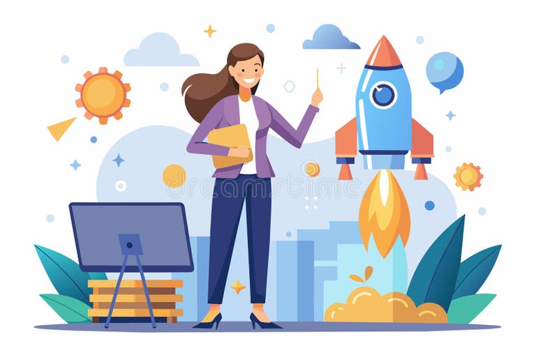 A Woman is Presenting in Front of a Large Rocket Ship, Woman Doing a ...