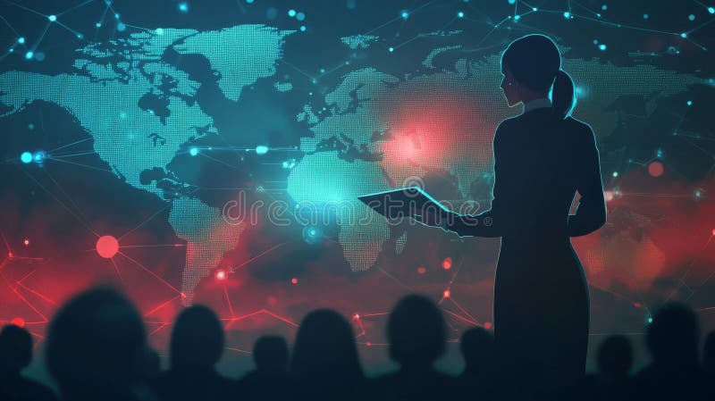 Woman Presenting Global Data on Screen To Audience Stock Illustration ...