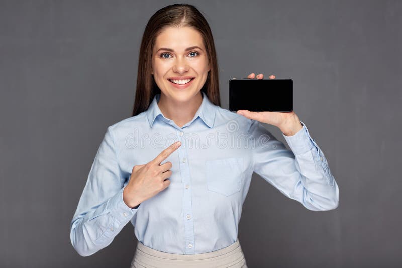 Woman Presenting Smart Phone with Empty Screen and Pointing Finger ...