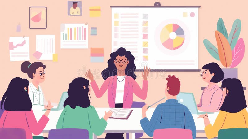 Woman Presenting To a Group in a Bright, Modern Office with Charts and ...