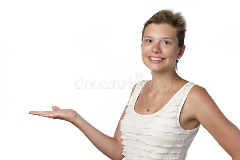 Woman presenting stock photo. Image of brunette, smile - 34815712