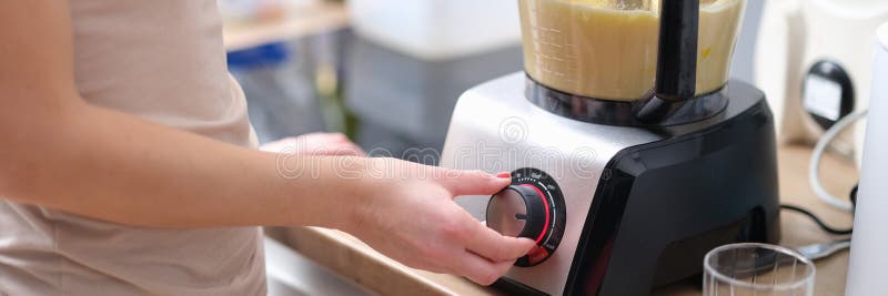 Woman Presses Start of Food Processor with Dough Stock Image - Image of ...