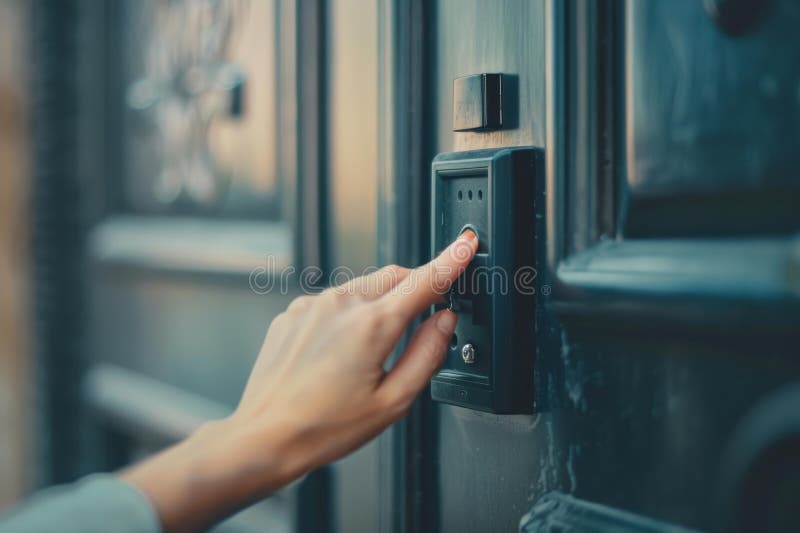 Woman Pressing Button on Intercom Entering Building Stock Image - Image ...
