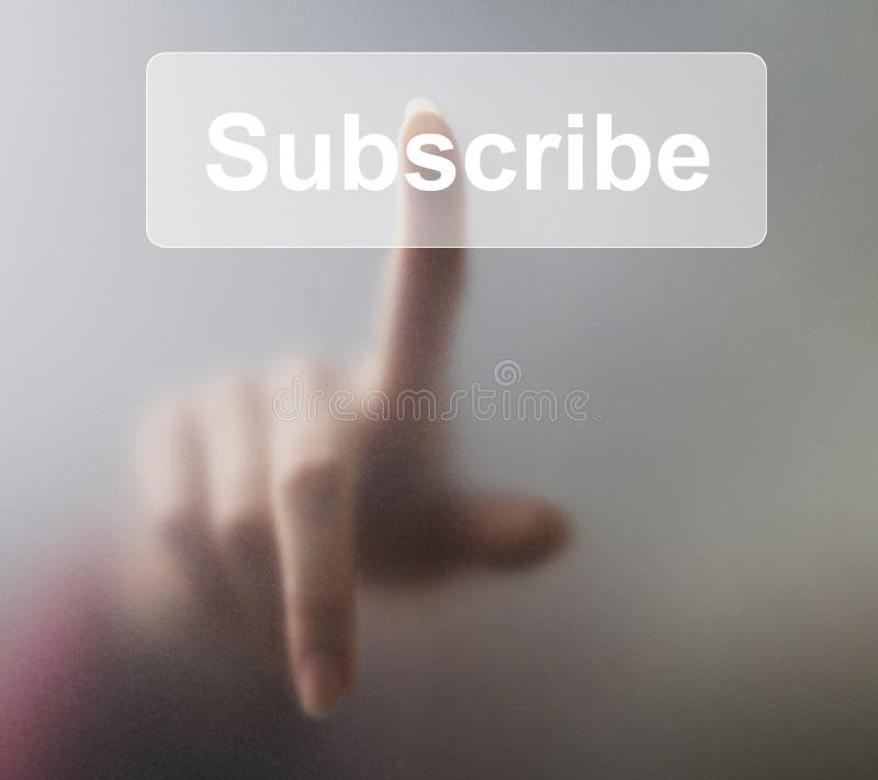 Woman Pressing Subscribe Button On Grey Background Stock Photo - Image ...