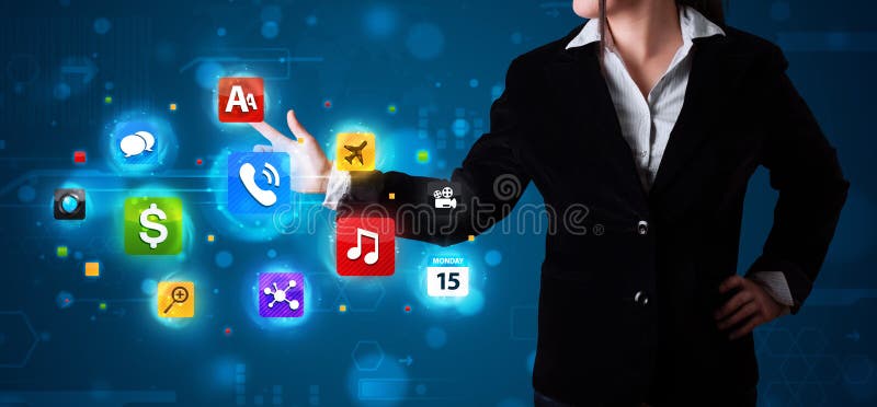 Woman Pressing Various Collection of High Tech Buttons Stock Photo ...