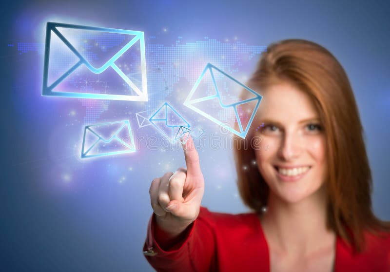 Woman Pressing Virtual Email Icons Stock Photo - Image of communicate ...