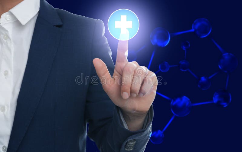 Woman Pressing Virtual First Aid Button on Blue Background, Closeup ...