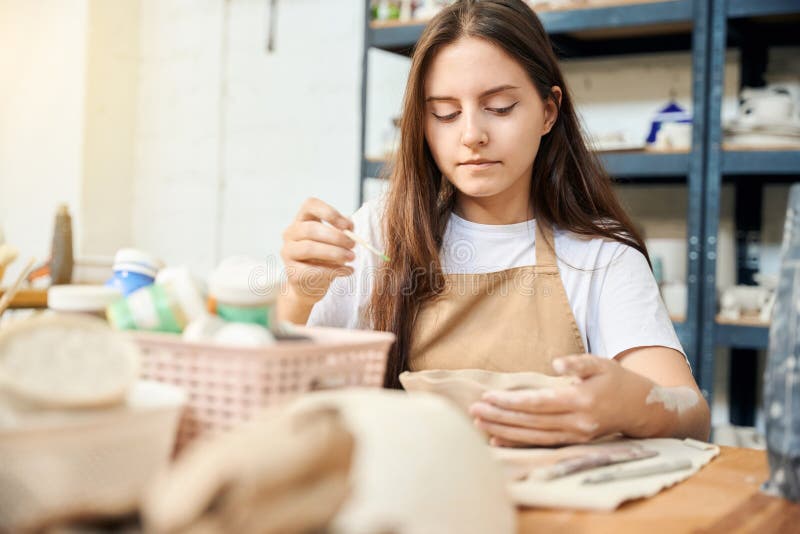 Woman Professional Potter Coloring Pottery with Paintbrush Stock Photo ...