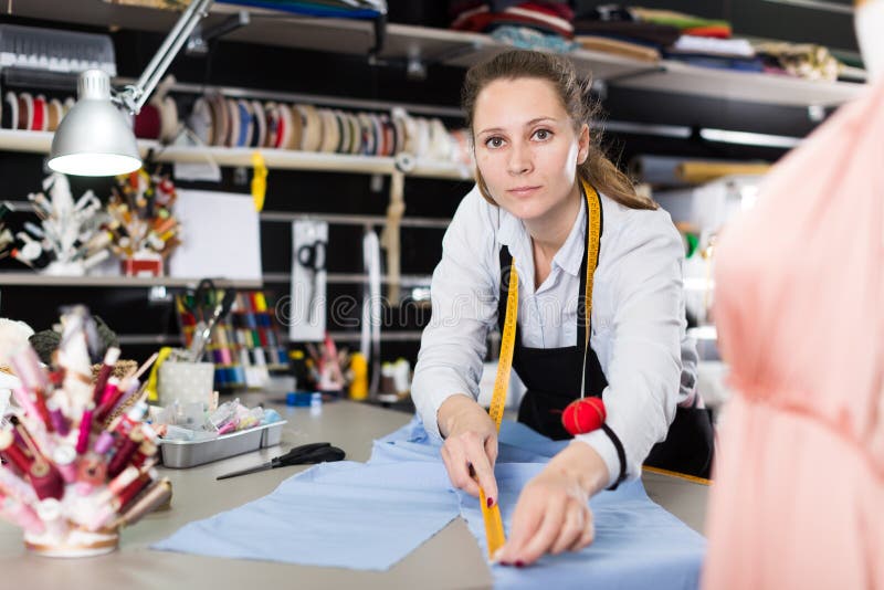 Woman Professional Sewer Measuring Textile at Workshop Stock Image ...