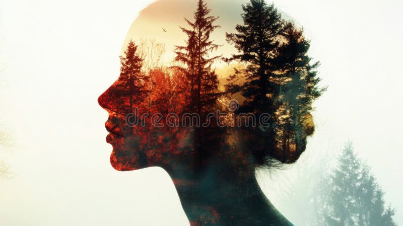 Woman Profile Double Exposure with Forest Sunset Stock Illustration ...