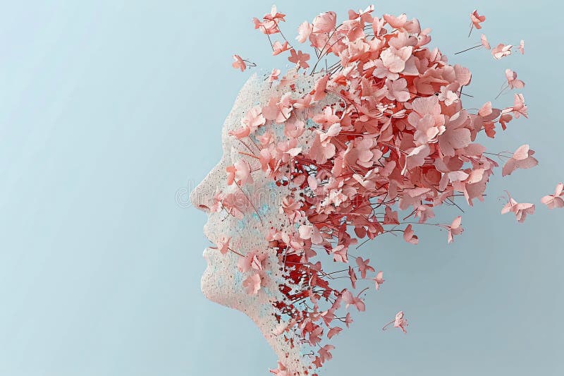 Woman Profile Exploding into Pink Flowers on Blue Background Stock ...