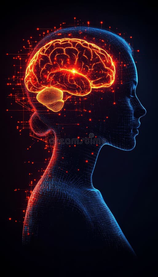 Woman Profile with Glowing Brain, Digital Energy Flow, Artificial ...