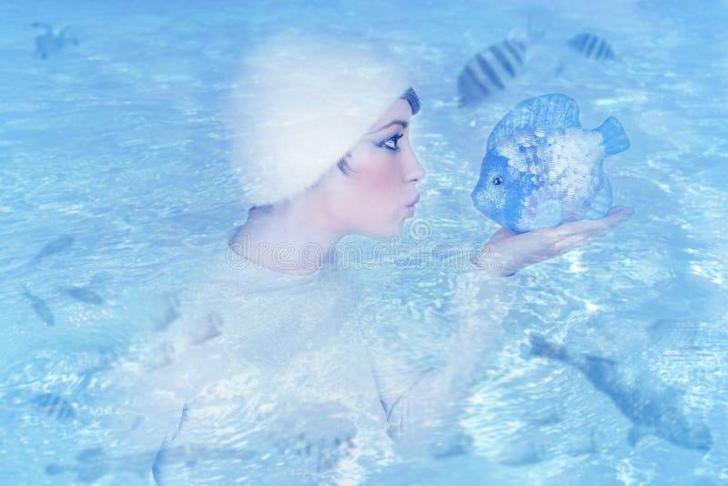 Woman Profile Holding Fish Kissing Expression Stock Photo - Image of ...