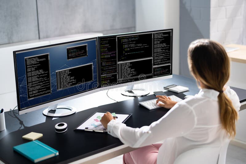 Girl Coding in Class stock image. Image of computer - 236824811