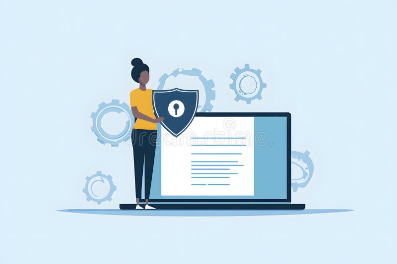 Woman Protecting Data with Shield on Laptop Stock Illustration ...