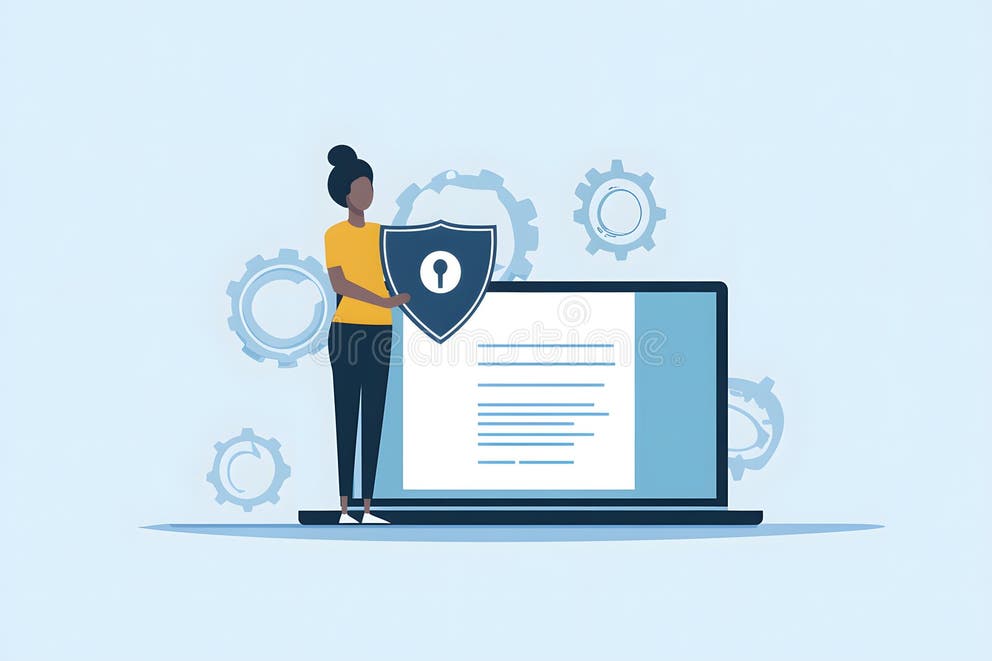 Woman Protecting Data with Shield on Laptop Stock Illustration ...