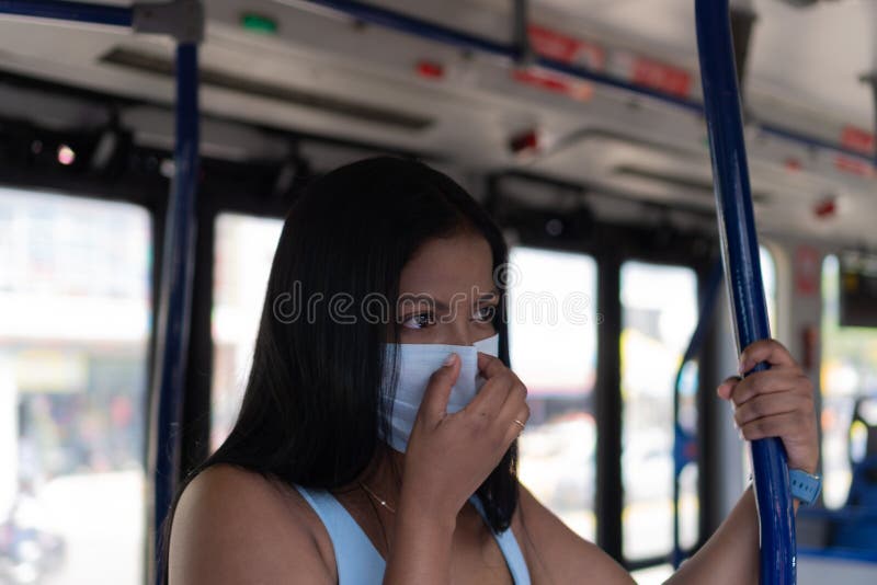 Woman with Protective Mask Coughing Inside the Bus Stock Photo - Image ...
