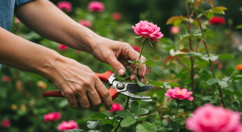 Woman Pruning Pink Roses in a Garden Stock Photo - Image of fresh ...