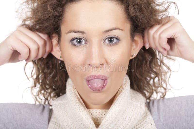 Woman Pulling Ears and Making Funny Face Stock Image - Image of nose ...