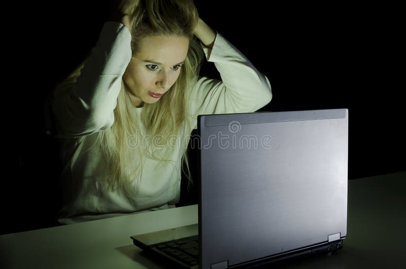 Woman Pulling Her Hair while Working on Laptop Computer Stock Image ...