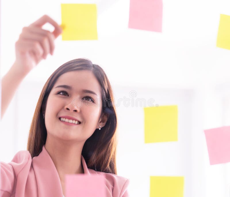 Woman Pulling Reminder Note Paper Out of the Windows Stock Image ...