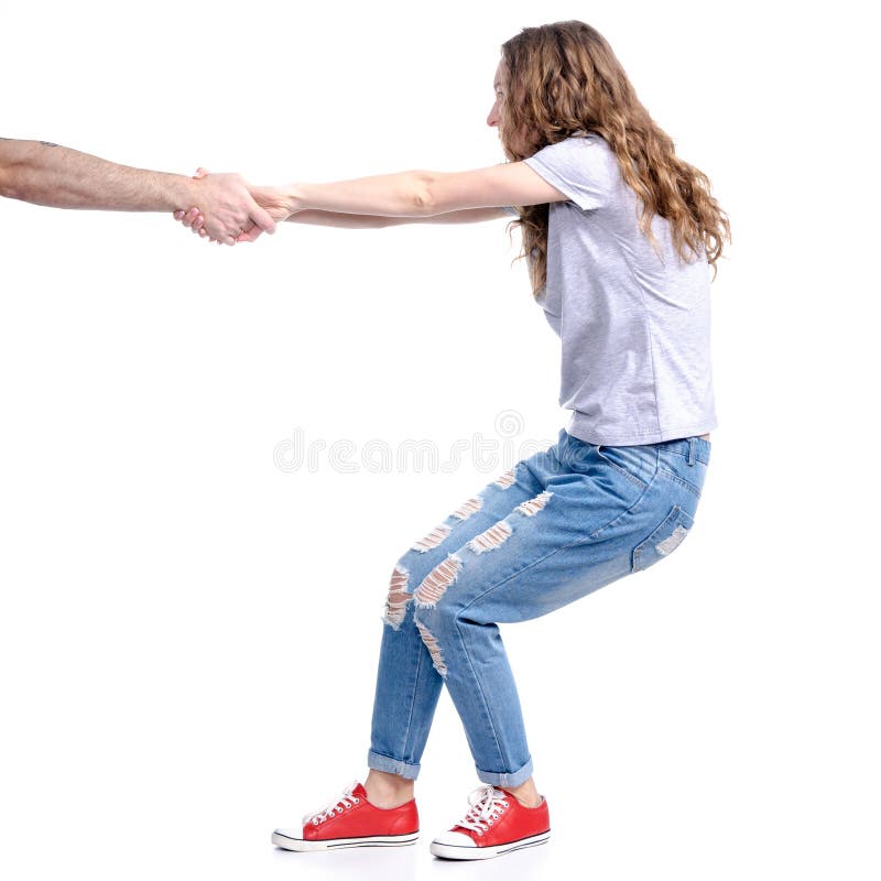 Woman Pulls the Hand of a Man Stock Photo - Image of smiling, journey ...