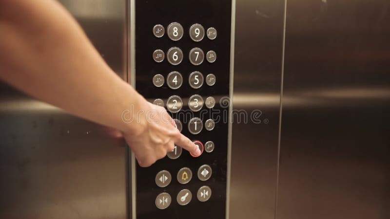 Man Push the Button in Elevator. POV. Person in Residential Building ...