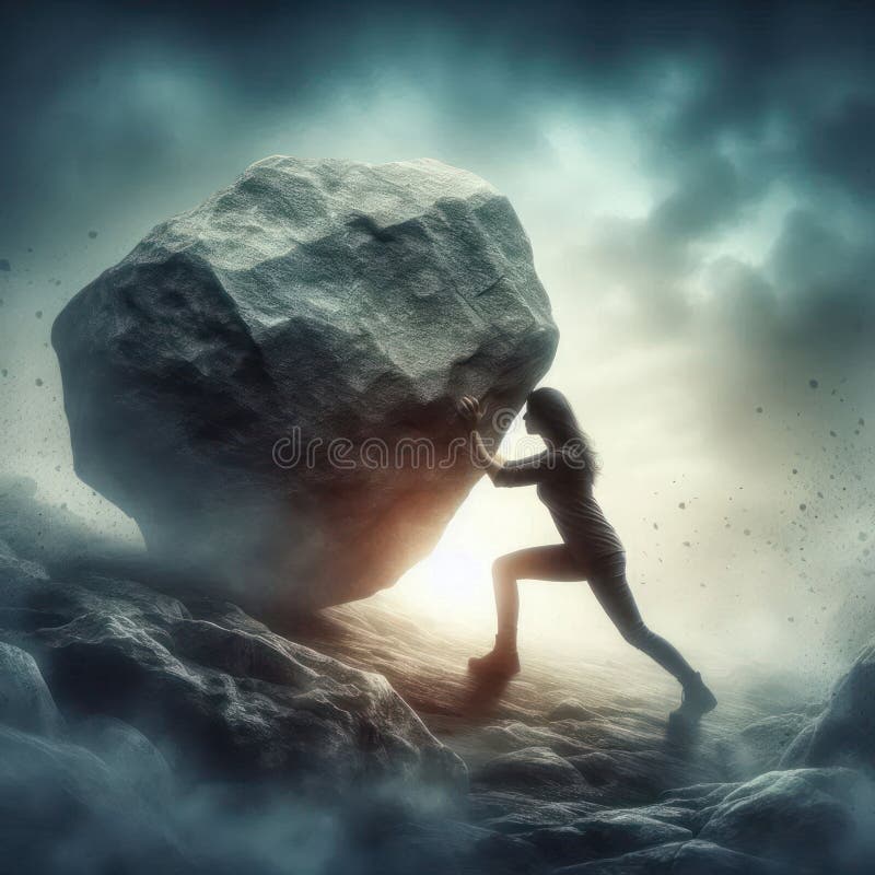 A Woman Pushes a Huge Rock Up the Slope. Stock Image - Image of uphill ...