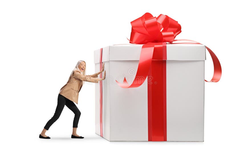 Woman Pushing a Big Gift Box Stock Photo - Image of sale, woman: 375572040