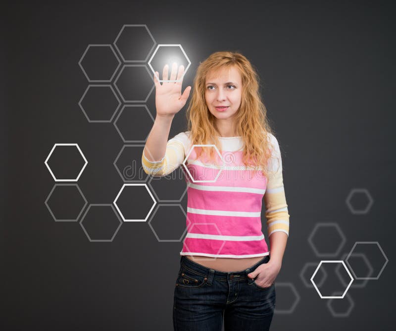 Woman Pushing a Button on a Touch Screen Interface Stock Photo - Image ...