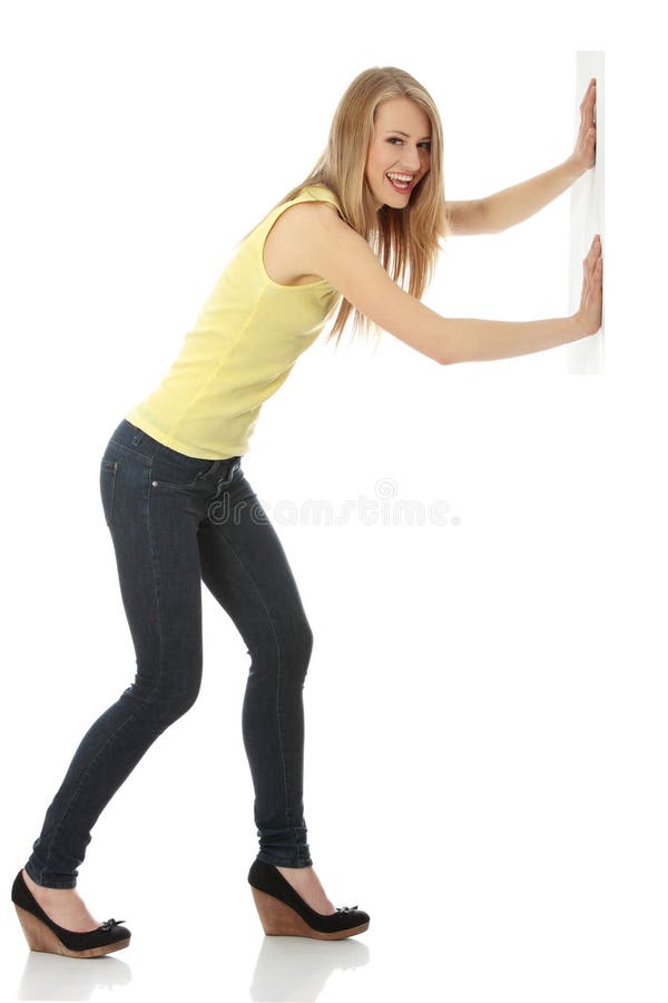 Cute Asian Girl Pushing Something Stock Photo - Image of pose ...