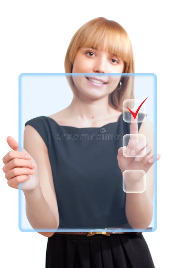 Woman Pushing on Touch Button Stock Photo - Image of female, beauty ...
