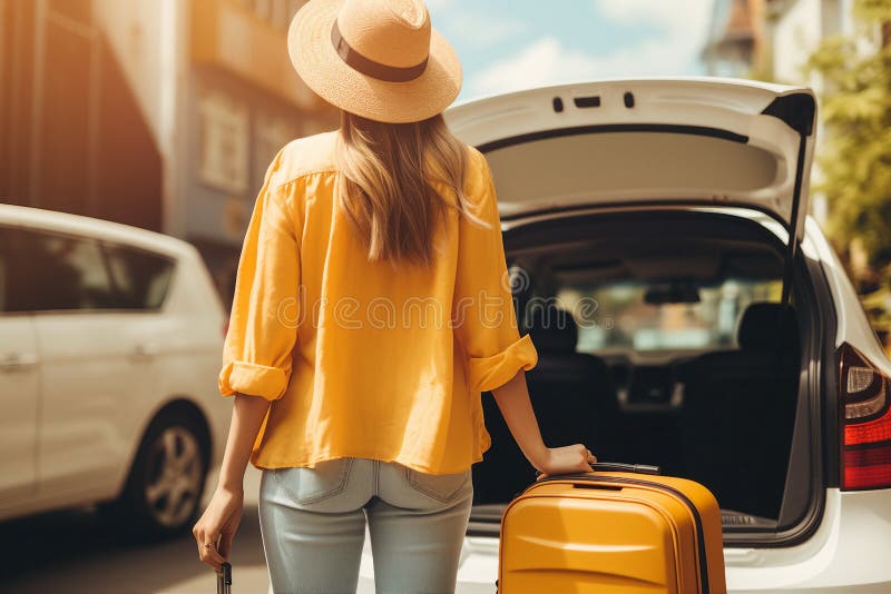 Woman Put in Baggage on Opened Car Back Stock Illustration ...