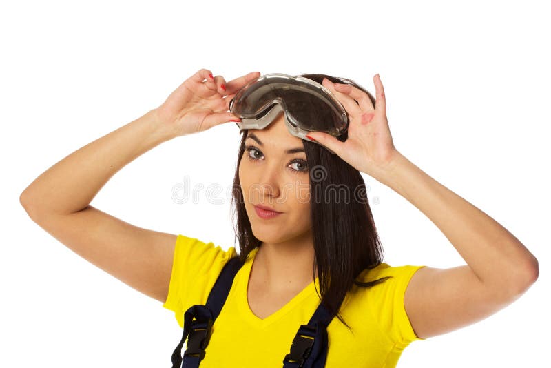 Woman Put on Safety Goggles. Stock Image - Image of female, worker ...
