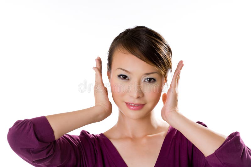 Woman Puts Both Her Palms Side by Side Her Face Stock Photo - Image of ...