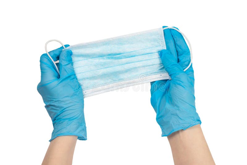 Woman Puts on Protective Mask with Blue Rubber Gloves Stock Photo ...