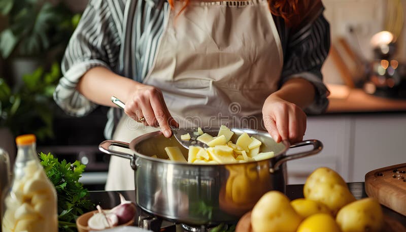 Woman Putting Peeled Potato in Pot at Table in Kitchen Stock ...